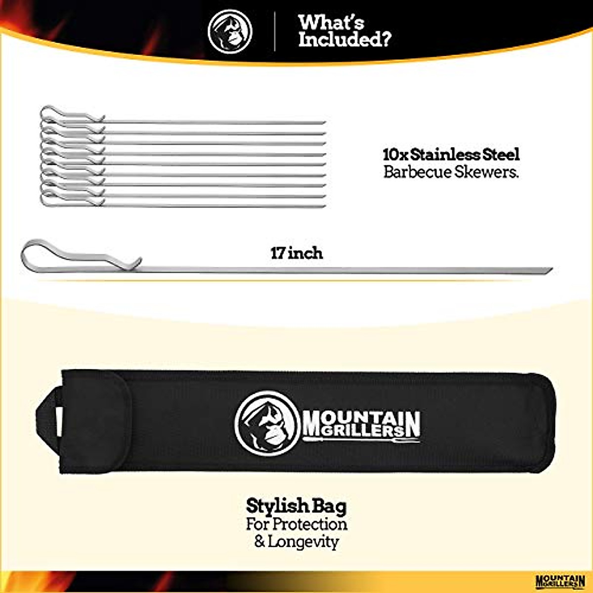 BBQ Grilling Kabob Skewers - 17” Stainless Steel - Long Reusable Flat Metal - Barbecue Shish Kebab Sticks – Set of 10 w/ Handy Storage Bag