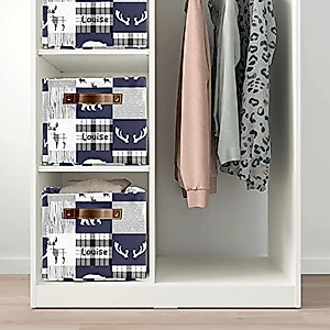 Deer Bear Patchwork Woodland Personalized Storage Bins,Foldable Baskets Organizer with Handle for Nursery Pet Toy Clothes Box 2 Packs