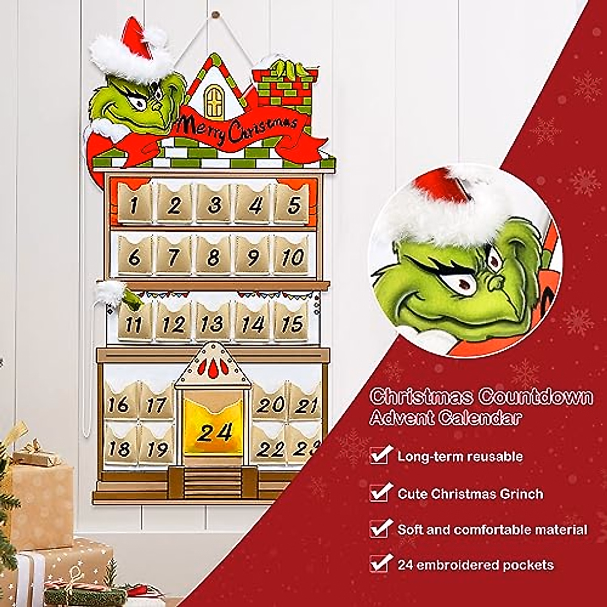 KOUPA Hanging Christmas Countdown Advent Calendar, Santa Grinch Green Haired Monster Decoration, Reusable Xmas Gift for Holiday Party Winter