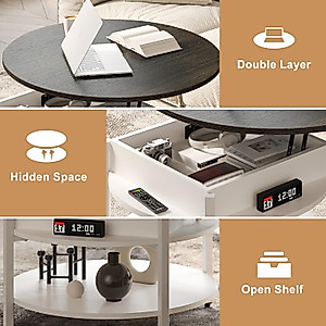 FABATO Round Lift Top Coffee Table with Storage and Hidden Compartment, 26.77'' Farmhouse Coffee Table for Living Room Reception Room, 2 Tier Small Round Coffee Table Circle Dining Table, White
