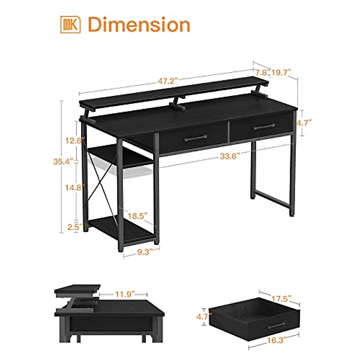 ODK Computer Desk with Drawers, 48 Inch Office Desk with Storage & Shelves, Work Writing Desk with Monitor Stand Shelf, Black Home Office Desks for Small Spaces
