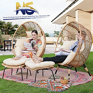 NICESOUL® Wicker Stationary Egg Chair Indoor Outdoor Egg Basket Lounge Chair Oversized Thick Cushions Egg Seat with Legs 440lbs Egg Nest Chair with Ottoman, Boho Rattan Chair for Patio Beige