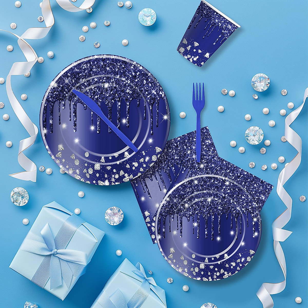 YJRJSC Navy Blue Plates And Napkins Party Supplies - Blue And Silver Party Decorations Tableware, Paper Plate, Napkin, Cup, Cutlery, Blue Glitter Bridal Shower Birthday Table Decorations | Serve 24
