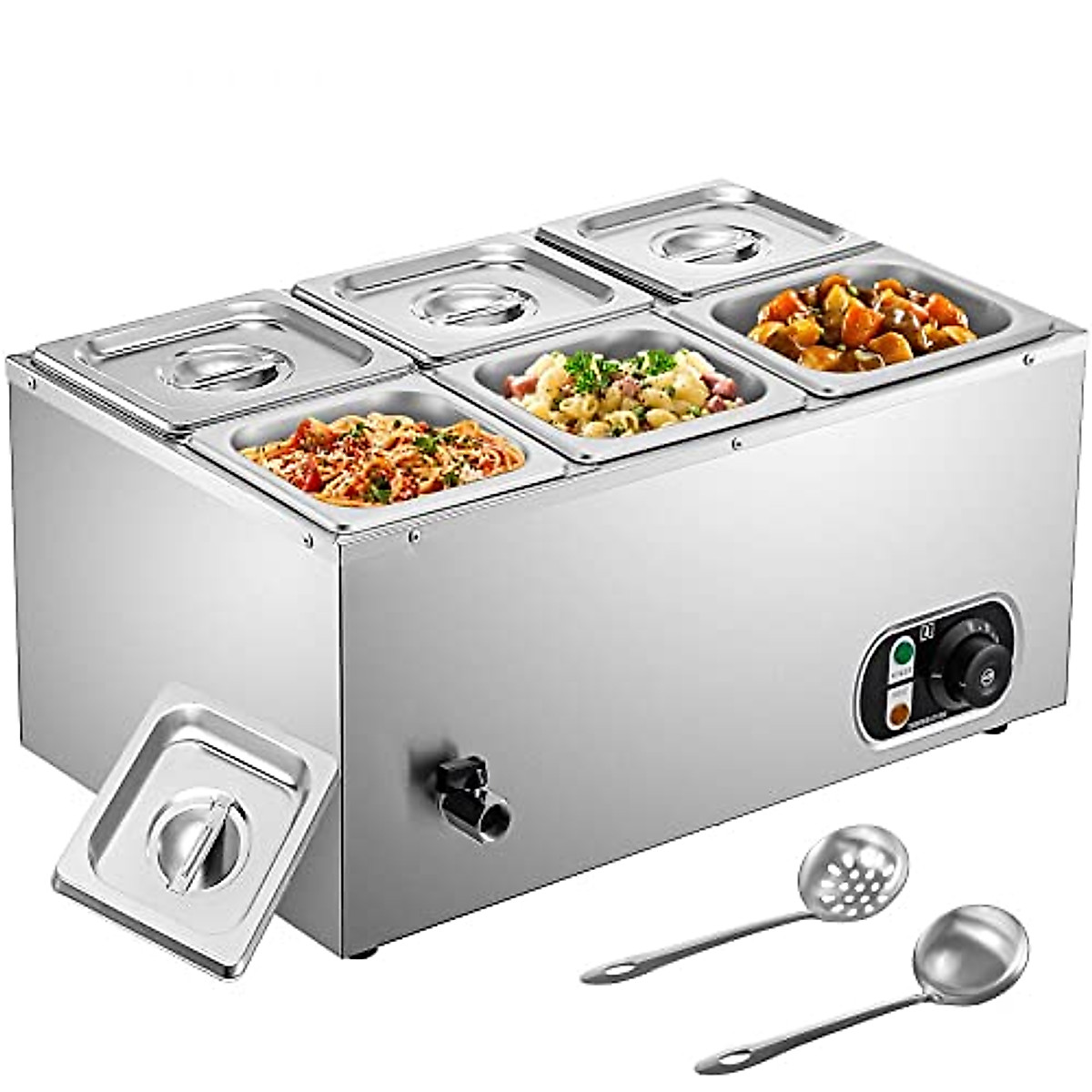 Commercial Food Warmer 6 Pan, Stainless Steel Bain Marie - 12.6 Qt Capacity, 1500W, Temperature Control, Electric Soup Warmer with Lids and Ladles