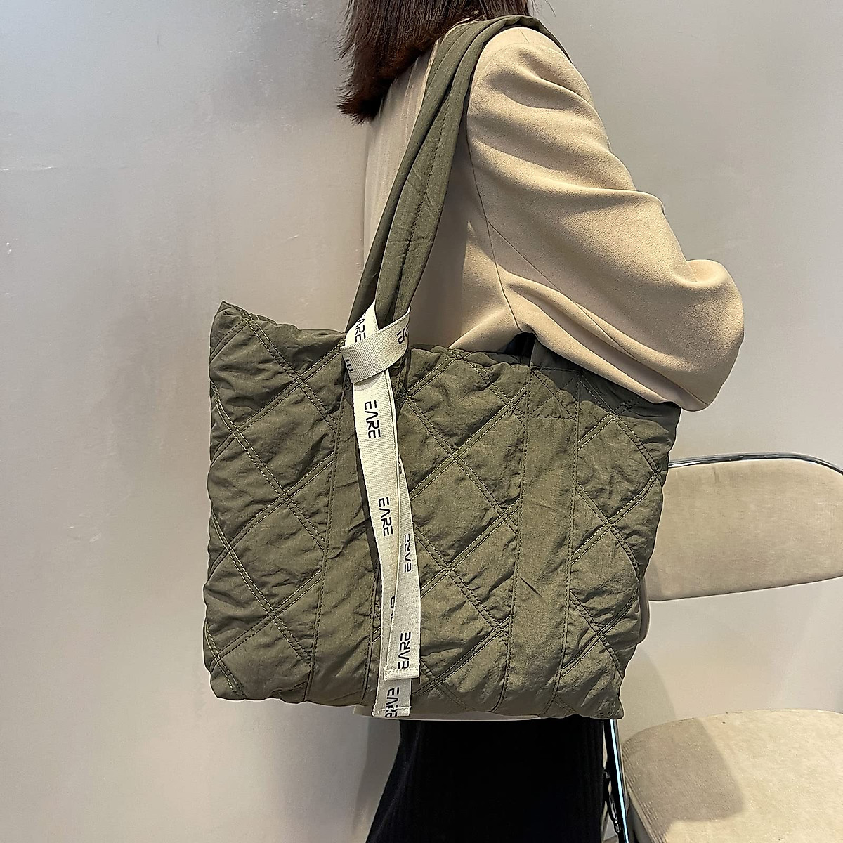 iSamzan Puffer Quilted Tote Bag for Women Puffy Padded Purse with Zipper Work Nylon Soft Purse-Green