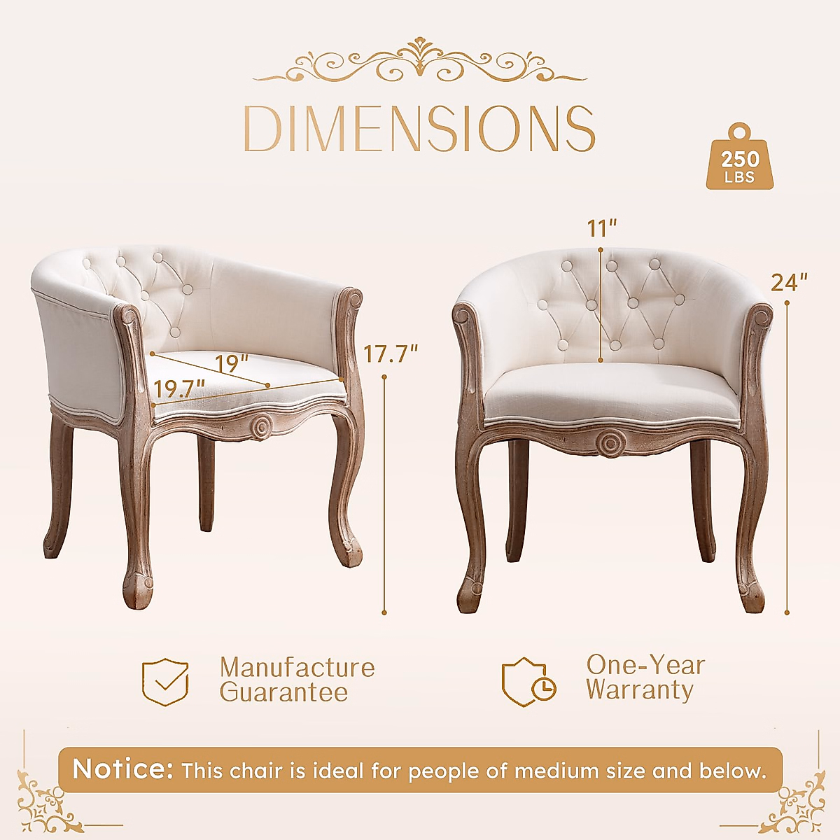 Bonzy Home French Accent Chair for Living Room Bedroom, French Country Chair with Memory Foam and Carved Legs, Stylish Comfy Living Room Chair, Vintage Upholstered Chair for Home Office, Beige