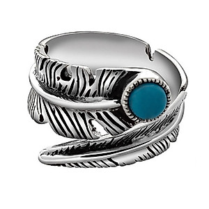 JadeAngel Adjustable Turquoise Ring 925 Sterling Silver Feather Ring Vintage Thai Silver Boho Jewelry for Women Men-Fit Size 6 to 8.5