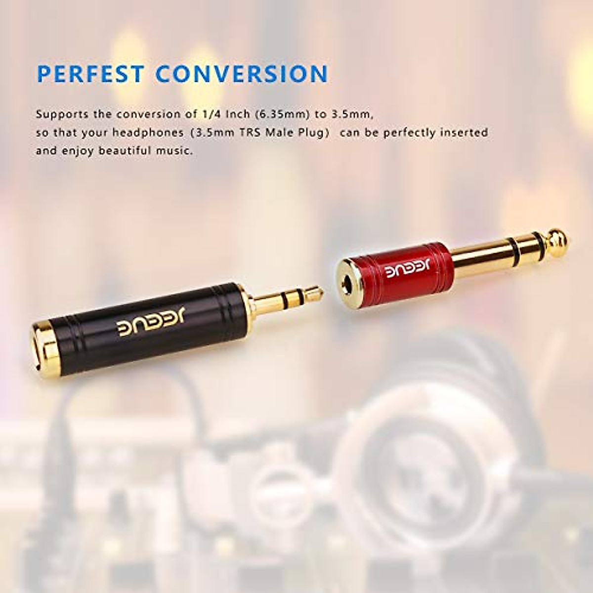 JEEUE 1/4" to 3.5mm Headphones Adapter for Audio Connector Cables, Upgrade 3.5mm(1/8") TRS to 6.35mm Stereo Pure Copper Jack Adaptor Bring You Professional Sound (Fashion Black+Red)