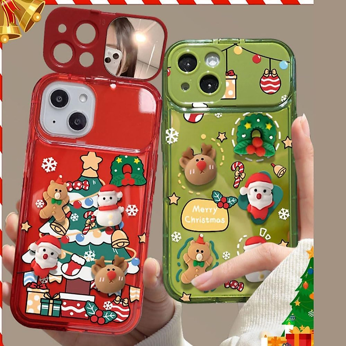 LELEBEAR Christmas Phone Case, Christmas Tree Pendant Flip Mirror Case Cover Suitable for iPhone 15 14 13 12 Series (Holiday red, 14PRO MAX)