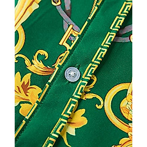 fohemr Mens Gold Chain Dress Shirts Luxury Short Sleeve Baroque Print Casual Button Down Design Buchona Shirts Green XX-Large
