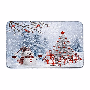 Merry Christmas Bath Mat Cute Snowman Xmas Tree Snowflake Pine Tree Forest Red Bird Berry Branch Winter Holiday Happy New Year Cartoon Bathroom Mat Microfiber Memory Foam Bath Decor Rugs