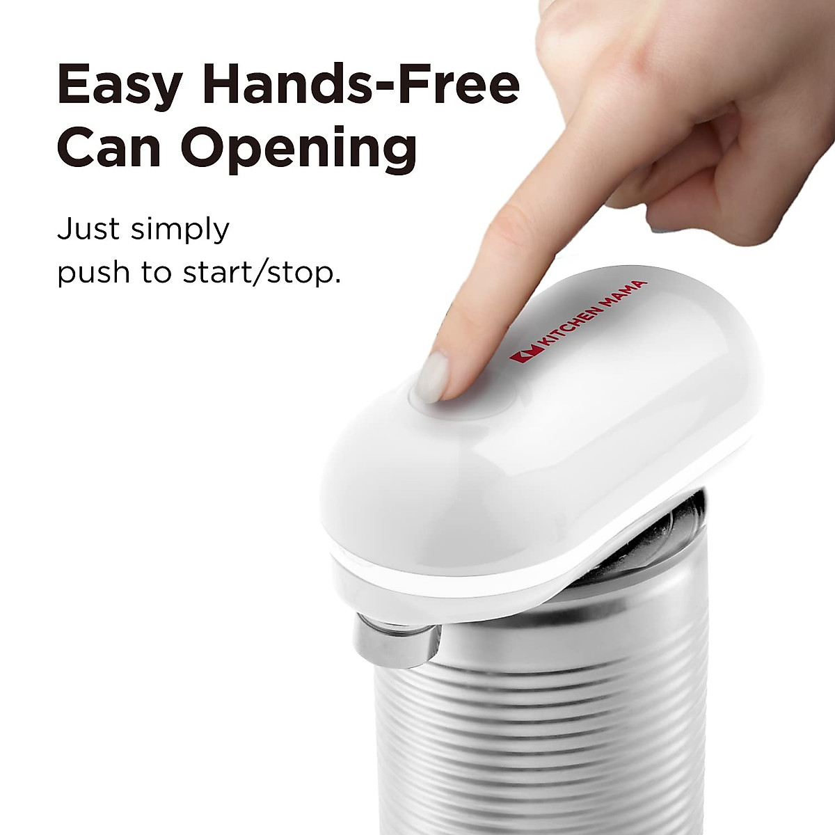 Kitchen Mama Mini Electric Can Opener Smooth Edge: Open Cans with A Simple Press of Button - Ultra-Compact, Mini-Sized Space Saver, Portable, Hands Free, Food-Safe, Battery Operated (White)
