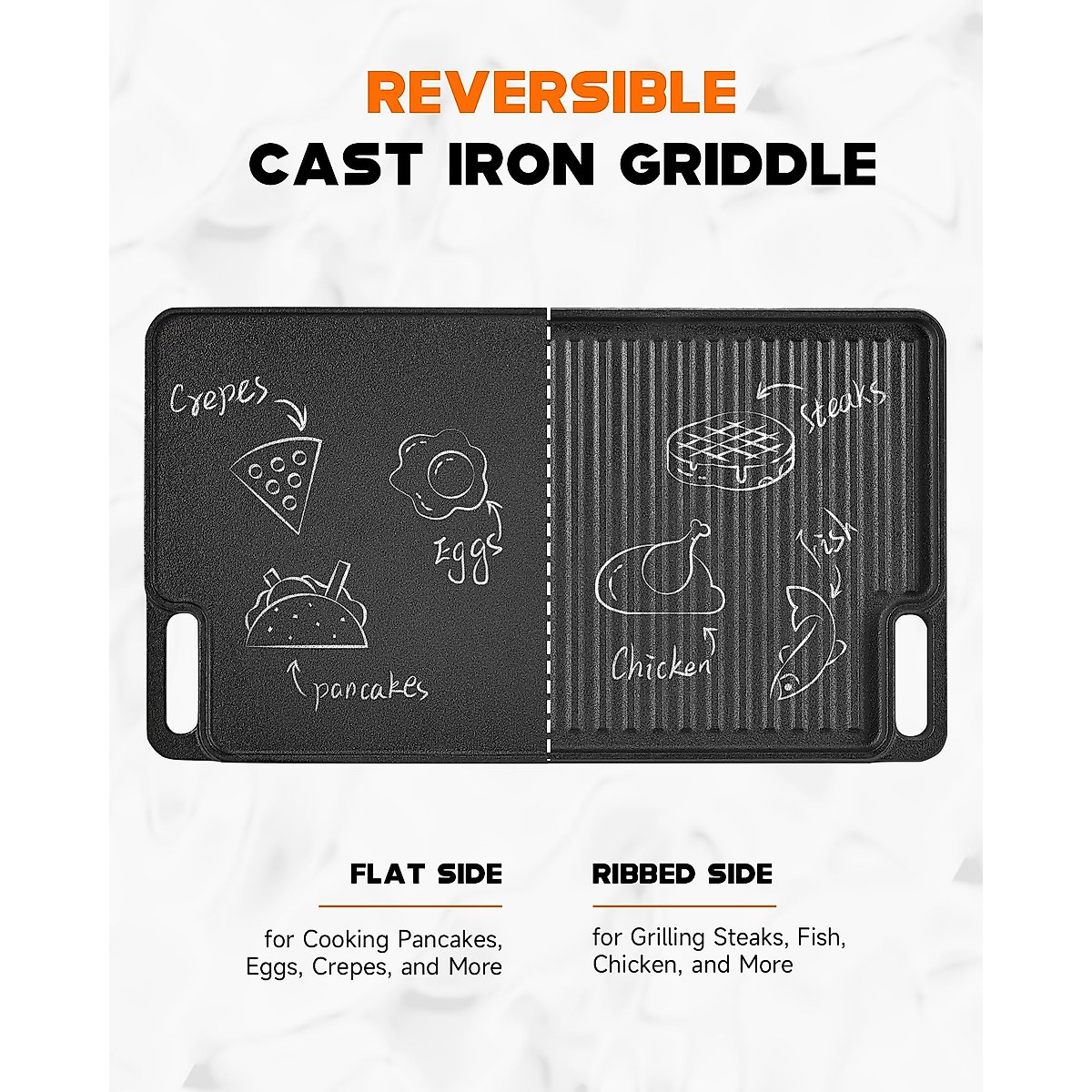 DARTMOOR 2-in-1 Reversible Cast Iron Griddle, 18 in Pre-Seasoned Cast Iron Grill Pan with Pan Scrapers, Double Side Rectangular Frying Pan with Non-Stick Surface, Indoor & Outdoor Use