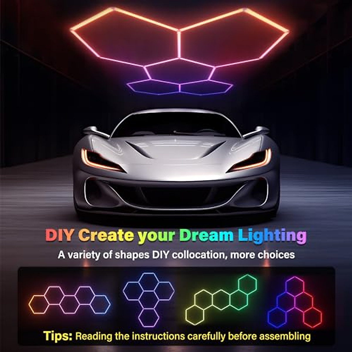 ALLYES RGB Hexagon Light - LED Garage Hexagon Light with 358 Color Modes, Dimmable and Speed Adjustable LED Hexagon Lights, DIY, for Gaming Room, Bar, Party, Live Room, Music Studio, Gym, 5-Pack