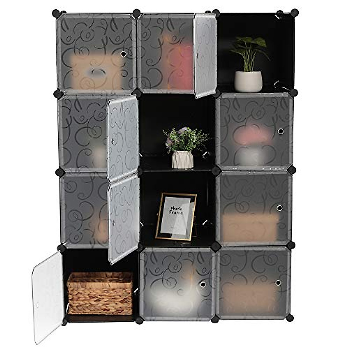 VINGLI Cube Storage, 12 Cube Organizer Shelves, Plastic Closet Cabinet, DIY Modular Storage Cube Organizer with Doors for Bedroom Living Room Office, Black