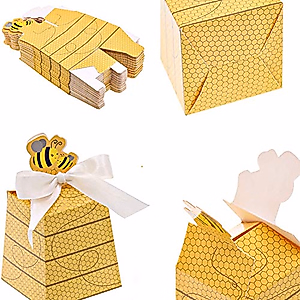 MeiMeiDa 30 Pack Bumble Bee Candy Boxes Treat Boxes Paper Beehive Gift Box with Ribbon for Bee Party Decoration Bee Birthday Baby Shower Favors Supplies