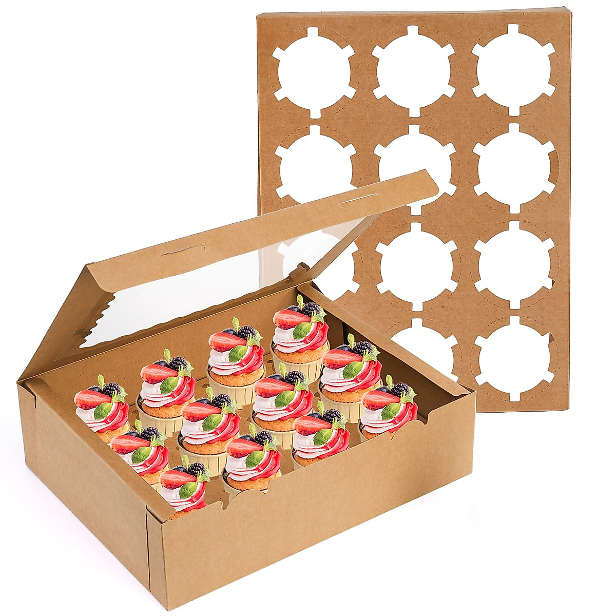 Jucoan 20 Pack Kraft Cupcake Boxes Containers with Clear Display Window, Brown Cake Trays Holder for Cookies, Muffins Pastries, Holding 12 Standard Cupcakes for Valentines Day Party