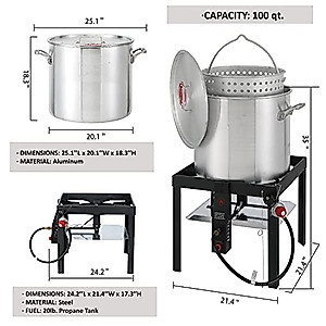 FEASTO 100QT Aluminum Boil Kit with Basket Perfect for Seafood Boiling and Steaming, Outdoor Propane Gas Cooker with Adjustable 0-10 PSI Regulator, Non-Assembly Frame Stand