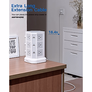 Surge Protector Power Strip Tower 16.4 FT + 6.5 FT, [1500 Joules] 12 Widely Spaced AC Outlets with 6 USB Ports Charging Station White
