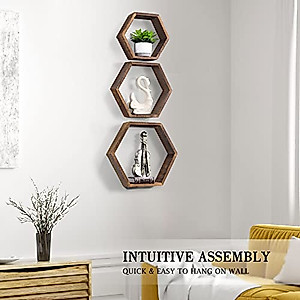 NORCEESAN Hexagon Floating Shelves Set of 6 Honeycomb Shelves for Wall Wood Farmhouse Storage Home Decor Shelf Wall Mounted Wooden Hexagonal Shelves for Bedroom Living Room Nursery, Rustic Brown