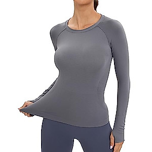 MathCat Workout Seamless Shirts for Women Long-Sleeved Yoga Running Breathable Thumb Holes Tops Grey