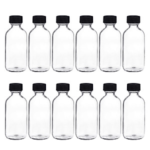 Cibeat 12 pack 2 oz Clear Glass Boston Bottle With Black Poly Cap, Funnel, Chalk Labels, Pen Dispensing Bottles for Homemade Vanilla Extract, Essential Oils, Herbal Medicine, Wedding Christmas Decor
