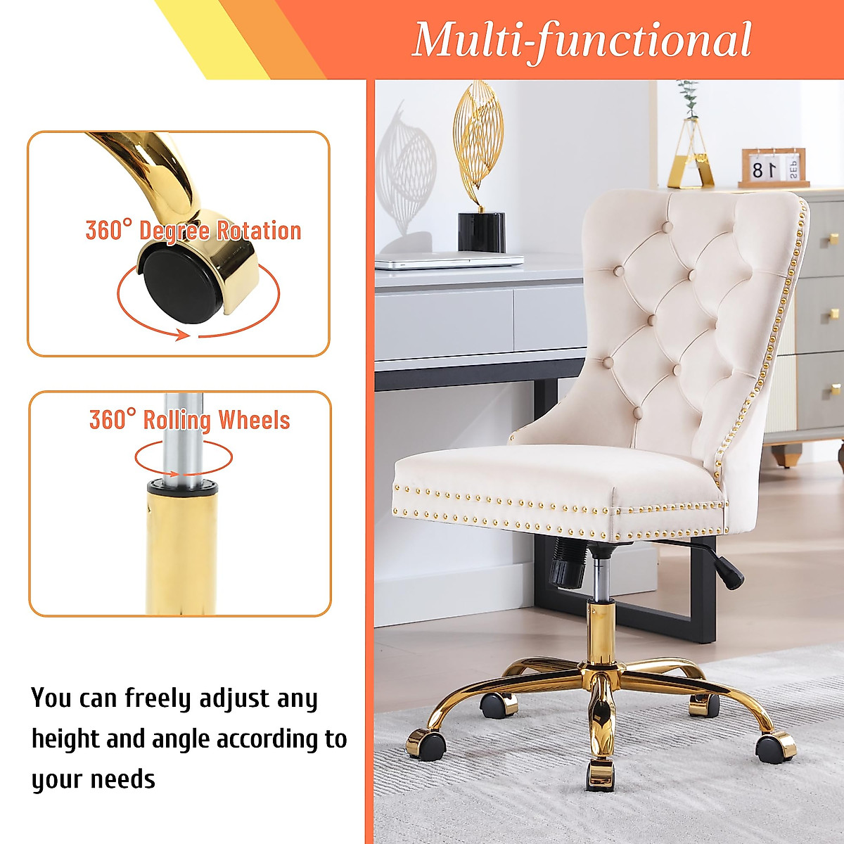 KCC Velvet Home Office Chair with Gold Metal Base & Nailhead Trim, Modern Swivel Upholstered Tufted Task Chair, Adjustable Wingback Armless Desk Chair for Living Room/Bedroom(Beige)