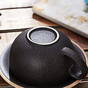 Coffeezone Vintage Design 12 oz Ceramic Latte Art Cappuccino Barista Cup with Saucer (Rough Black)