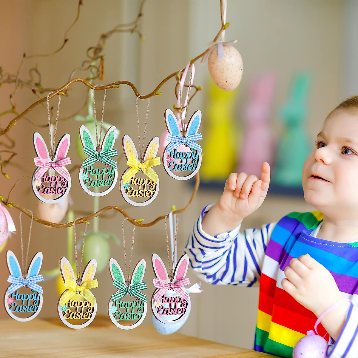16 Pieces Easter Rabbit Tree Ornament Wooden Hanging Bunny Ornaments with Plaid Bow and Rope Wood Hollowed Out Easter Ornaments Cute Spring Hanging Decorative for Home Garden Decor (Bunny Ears Style)