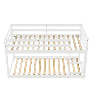 Harper & Bright Designs Low Bunk Beds Twin Over Twin Wood Twin Bunk Bed Frame with Safety Rail Ladder for Kids Bedroom Twin Floor Bunk Bed for Boys Girls Teens, White
