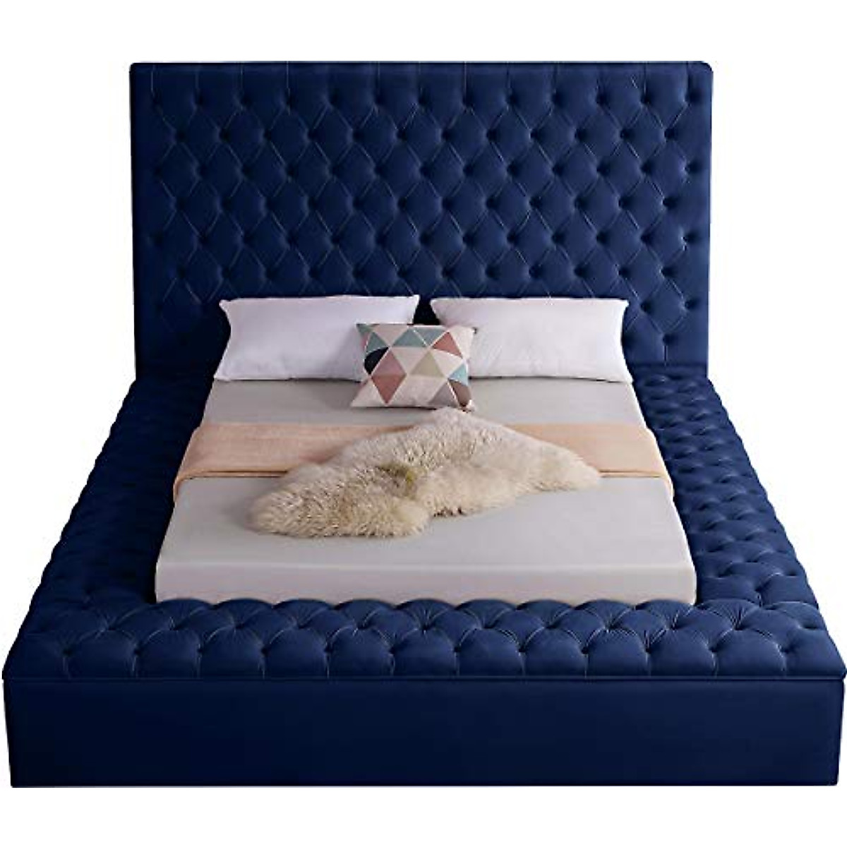 Meridian Furniture Bliss Collection Modern | Contemporary Velvet Upholstered Bed with Deep Button Tufting and Storage Compartments in Rails and Footboard, Queen, Navy