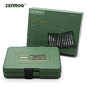 SENROG 12 Pieces Punch and Chisel Set, Alloy Steel 60Cr-v Made Punch Set, Mirror Surface and Chroming Gunsmith Punch Set, Including Flat Chisels, Taper Punch, Pin Punch Set, Center Punch, Cape Punch