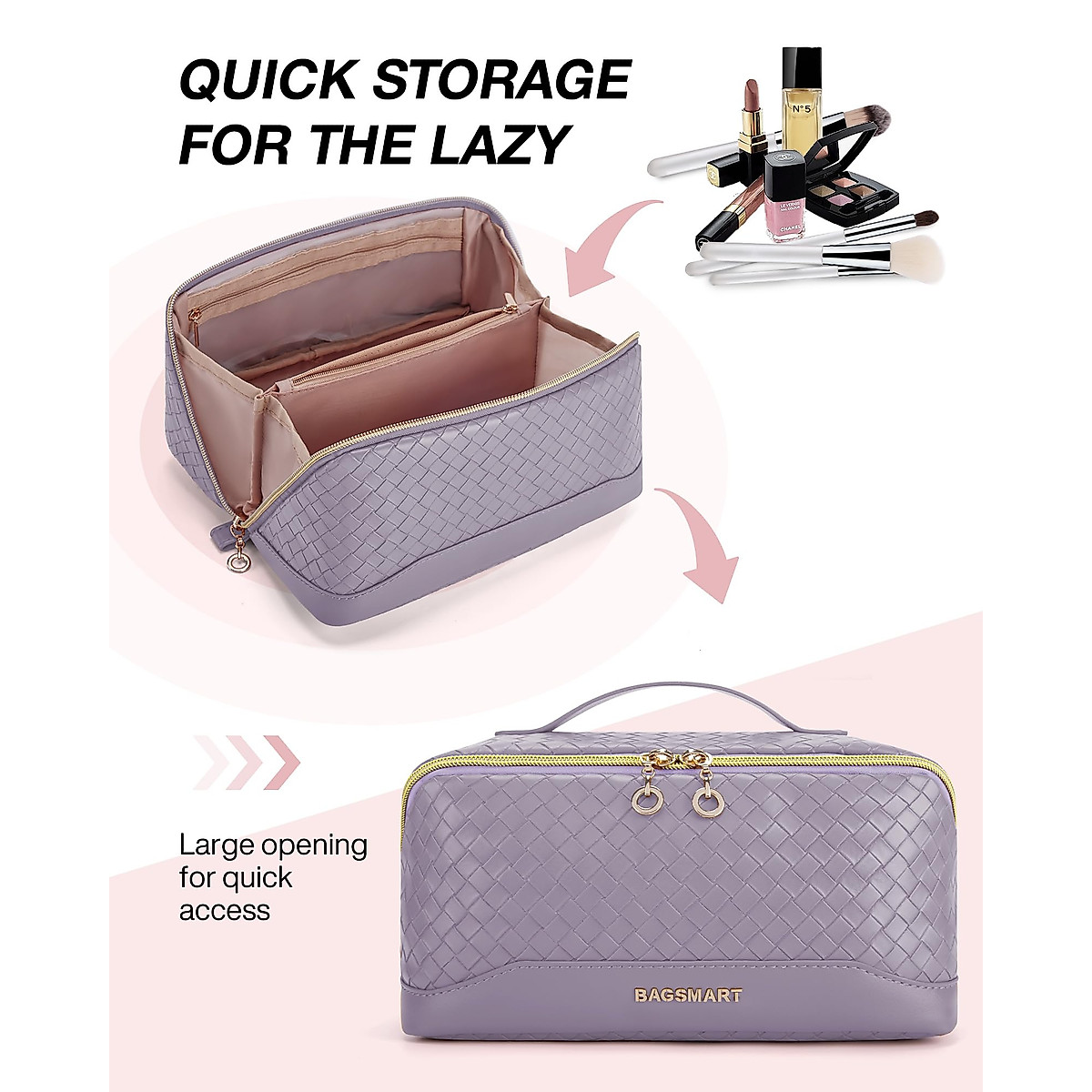 BAGSMART Makeup Bag, Travel Cosmetic Bag Organizer, PU Leather Water-Resistant Pouch, Open Flat Makeup Storage for Toiletries, Brushes, PU Leather Purple