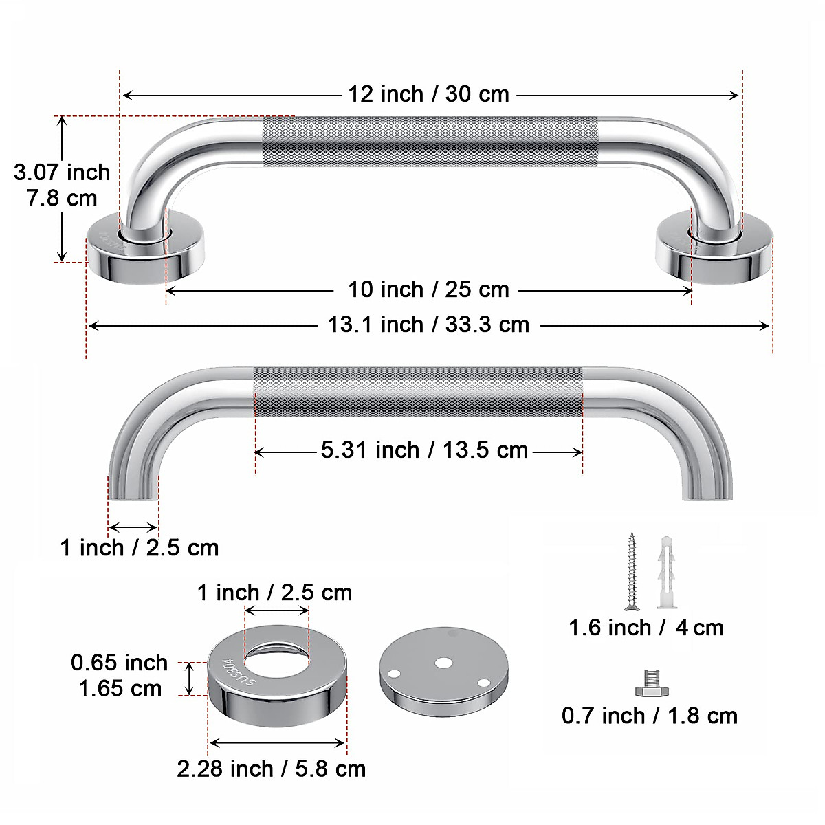 12 Inch Anti-Slip Shower Grab Bar, iMomwee Chrome Stainless Steel Bathroom Grab Bar Handle with Textured Grip, Shower Balance Bar, Safety Hand Rail Support, Handicap Elderly Senior Assist Bath Handle
