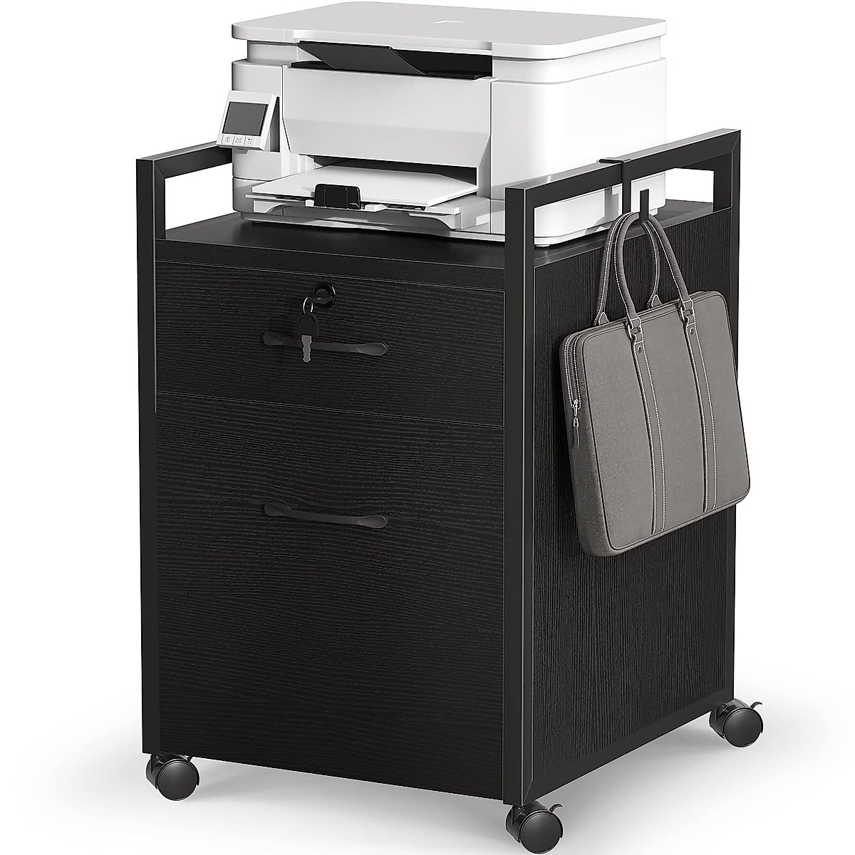 ODK File Cabinet with 2 Drawers, Mobile Office Cabinet with Lock on Wheels, Rolling Office Printer Stand Filing Cabinet for A4, Letter Sized Document with Iron Hook, Black