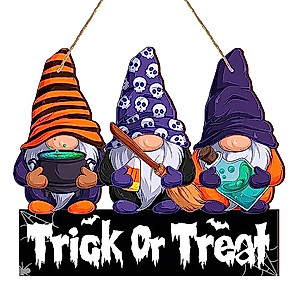 Trick or Treat Sign for Front Door Halloween Hanging Sign Gnome Welcome Door Sign Wood Door Hanger Horror Door Decor for Home Wall Party Decoration 11.81 x 9.84