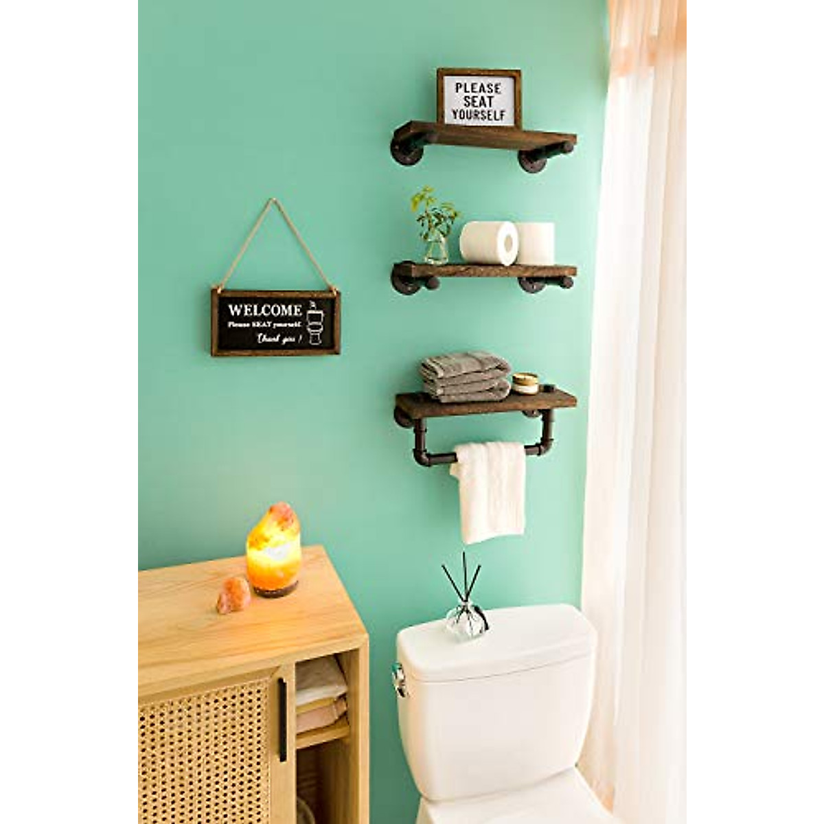 Mkono Floating Shelves with Industrial Pipe Brackets and Towel Bar, Set of 3 Rustic Bathroom Shelf Wall Mounted Shelves Wood Storage Shelving Home Decor for Bedroom Kitchen Living Room