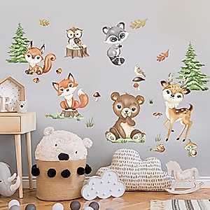 decalmile Woodland Animals Wall Stickers Bear Deer Fox Pine Tree Wall Decals Baby Nursery Kids Room Living Room Wall Decor