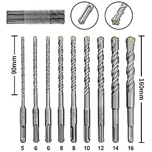 9 Piece Carbon Steel Hammer Drill Bit Set, SDS Carbide Drill for Bricks Masonry Concrete Cement Stone Rocks etc