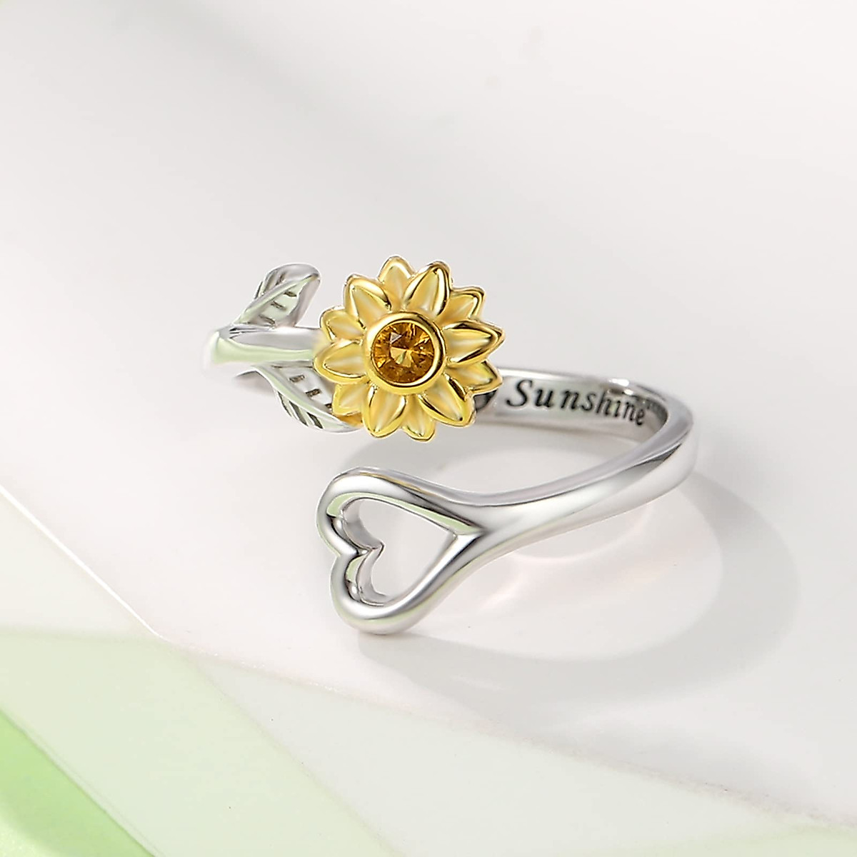 925-Sterling-Silver Honeycomb Bumble Bee Ring - I Love You Adjustable Gold Bee Rings with Enamel CZ Cute Animal Nature Beehive Queen Bee Jewelry Gifts for Women Girl (Sunflower Heart Ring)