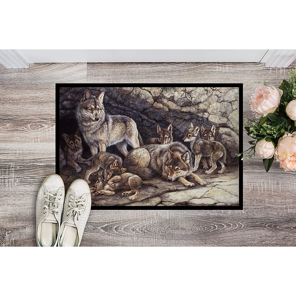 Caroline's Treasures BDBA0157MAT Wolf Wolves by The Den Doormat 18x27 Front Door Mat Indoor Outdoor Rugs for Entryway, Non Slip Washable Low Pile, 18H X 27W