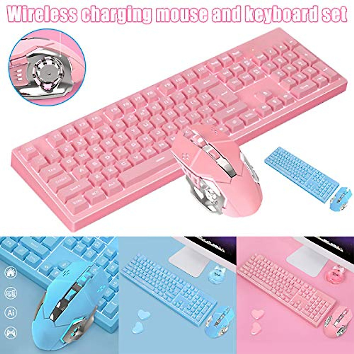 Rechargeable Keyboard and Mouse,Soke-Six 2.4G Wireless Mechanical Feel Backlit Gaming Keyboard Mice Combo Home Office Gamer Design Use for Laptop Pc Mac (Pink)