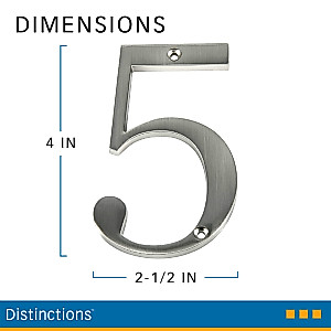 Distinctions by Hillman 843325 4-Inch Brushed Nickel Flush-Mount House Number 5, 1 Count (Pack of 1)