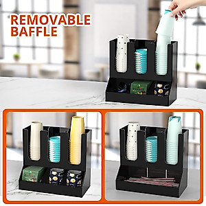 Richboom Cup and Lid Organizer, 6 Compartments with 2 Removable Dividers Coffee Station Countertop Cup Dispenser Condiment Organizer Accessories Caddy for Breakroom, Office, Home - Black