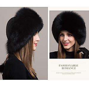 Women's Real Fox Fur hat Winter Thick Fur hat Natural Fur and Sheepskin Warm hat (55-60cm, Black)