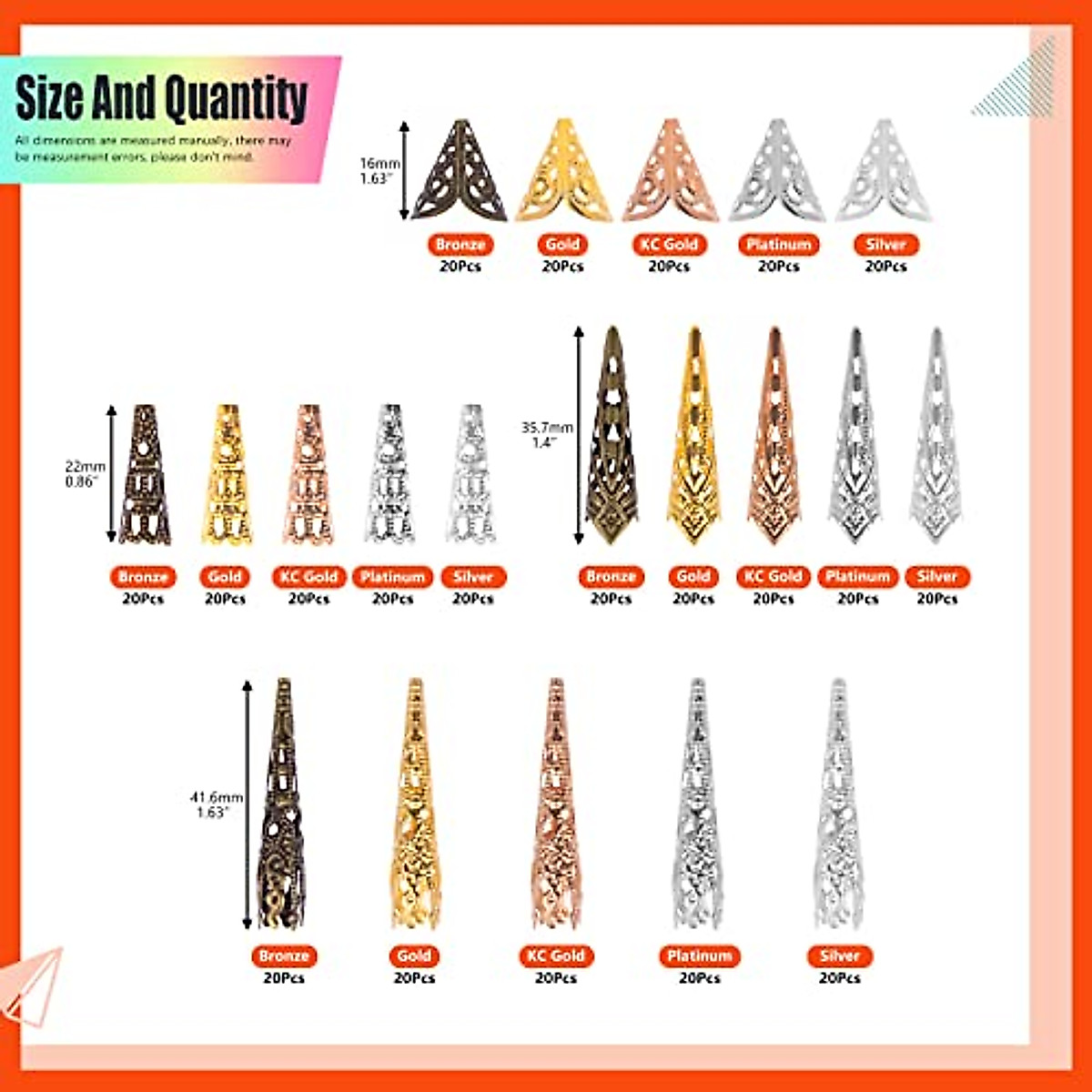 Tanstic 400Pcs 41mm 35mm 22mm 16mm 5 Colors Tibetan Iron Long Flower Bead Caps, Long Filigree Flower Spacer Bead Caps for Jewelry Craft Bracelet Necklace DIY Making