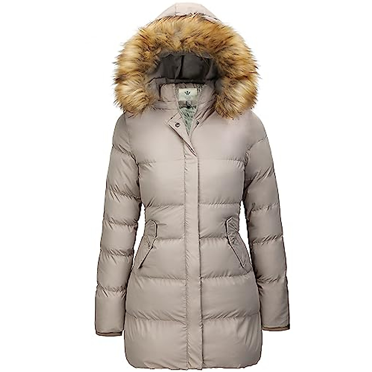 WenVen Women's Winter Thicken Jacket with Removable Faux Fur Trim Hood (Khaki,M)