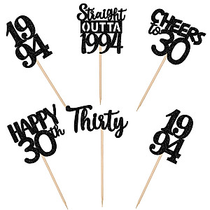 30PCS Black 30th Birthday Cupcake Toppers Glitter Thirty Happy 30th Straight Outta 1994 Cupcake Picks for Cheers to 30 Years 30th Birthday Wedding Anniversary Party Decoration Supplies