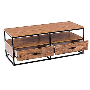 Giantex Coffee Table Two Tiers W/Drawers Storage Metal Solid Frame, Natural Wood Decorative Line Pattern, for Living Room Bedroom Accent Cocktail Sofa Side Table