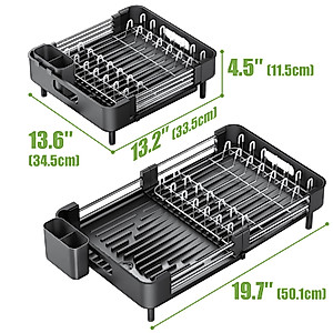 Dish Drying Rack, Kitchen Counter Dish Drainers Rack, Auto-Drain Expandable(13.2"-19.7") Stainless Steel Large Strainers Over Sink Drying Rack Drainboard with Utensil Holder Caddy Organizer, Grey